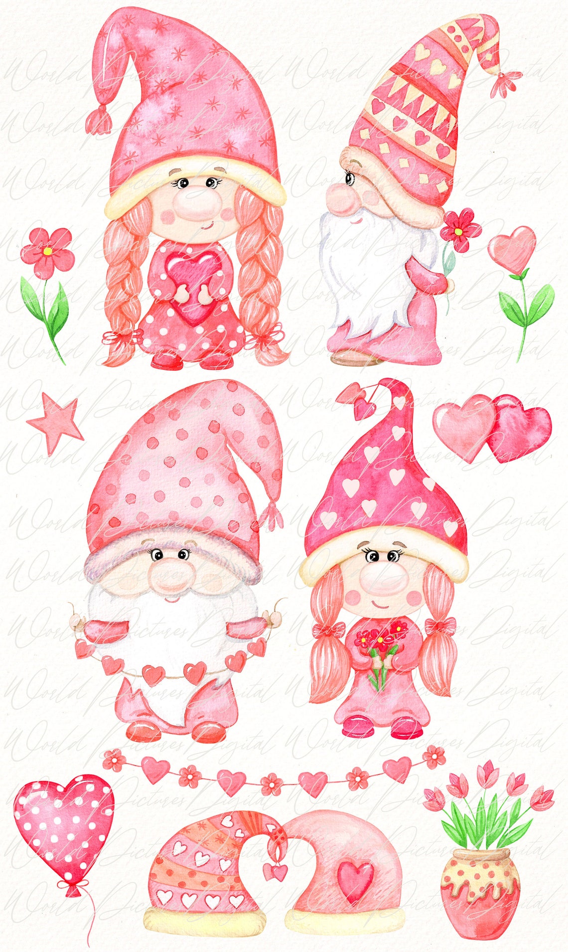 Watercolor Valentine Gnomes Clipart: Pink Romantic Decor (digital ...