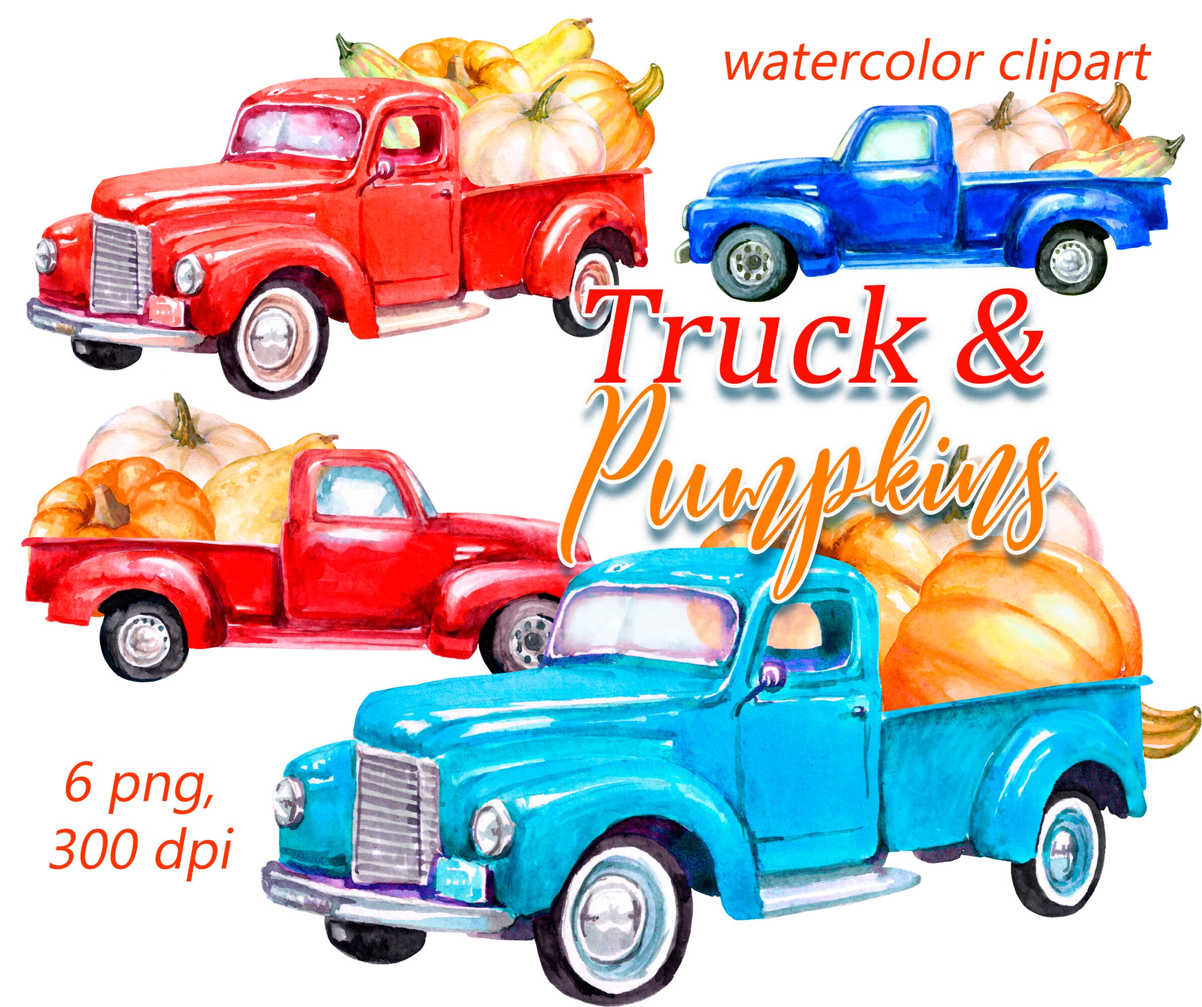 Fall Truck Clipart, Watercolor Harvest Trucks With Pumpkins Clip Art ...