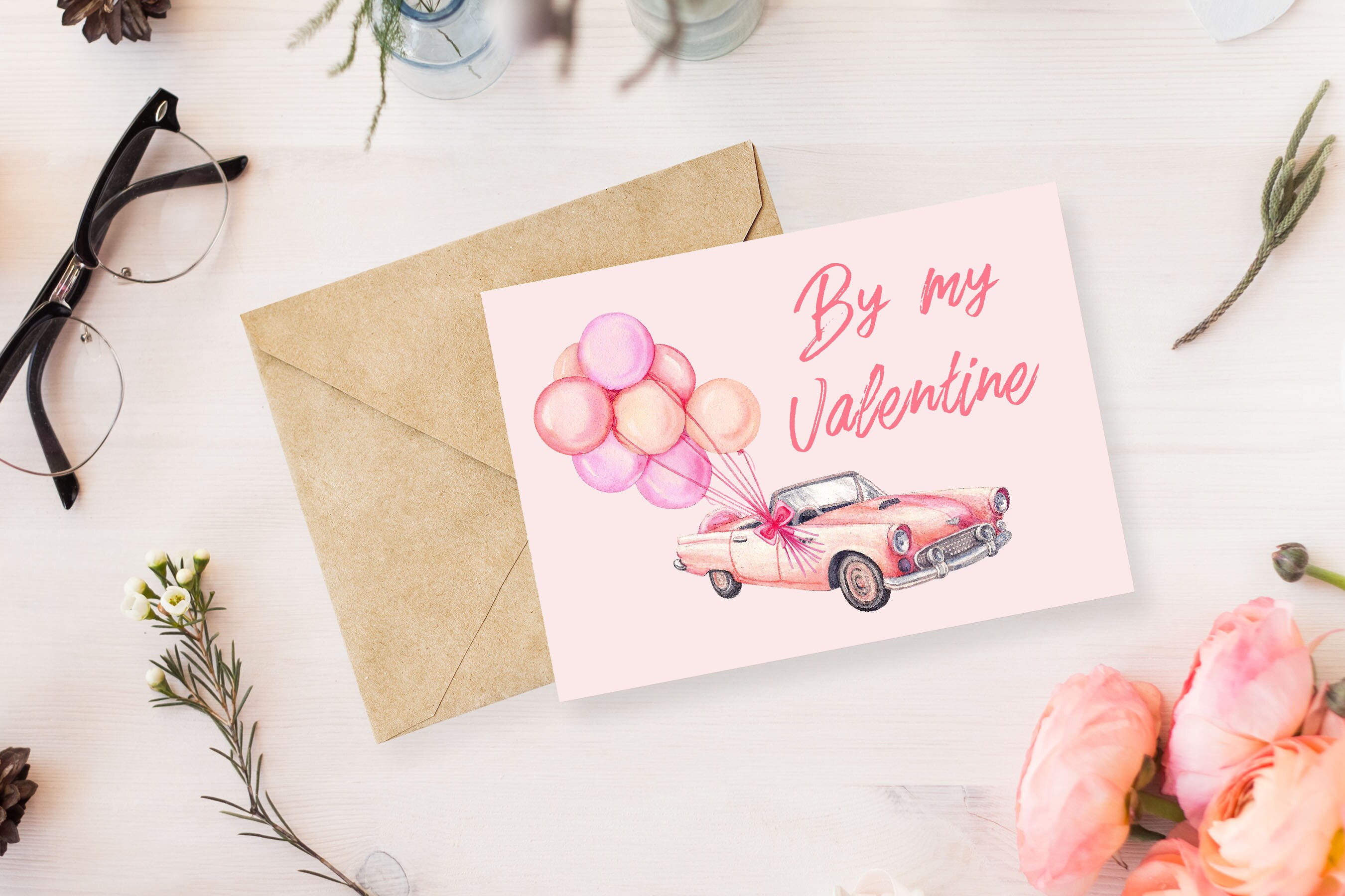 Valentine's Day Watercolor Clipart, Vintage Cars Hand Painted With ...