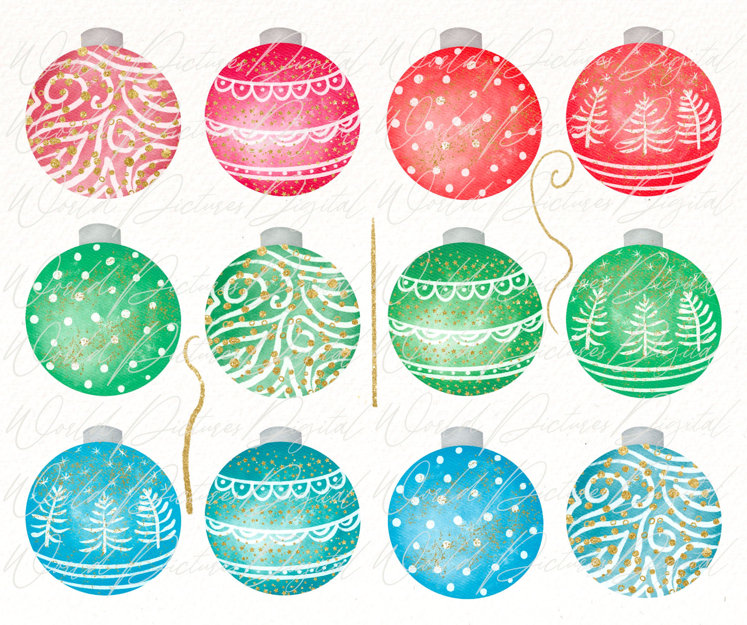 Watercolor Christmas Ornament Clipart: Glitter Baubles (digital ...