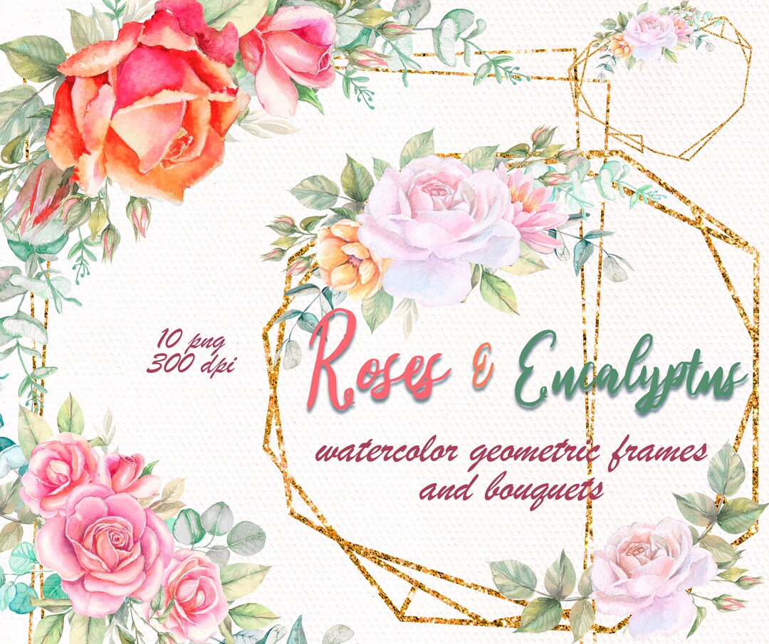 Watercolor Roses Wreath Clipart: Gold Frame Floral Bouquet (PNG Digital ...