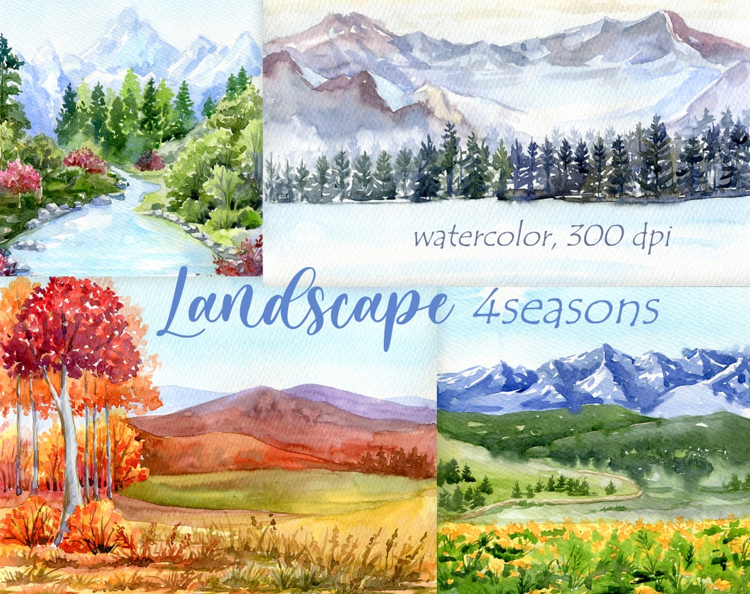Watercolor Landscape Clipart, Mountains Clipart, Fall Forest, Winter ...