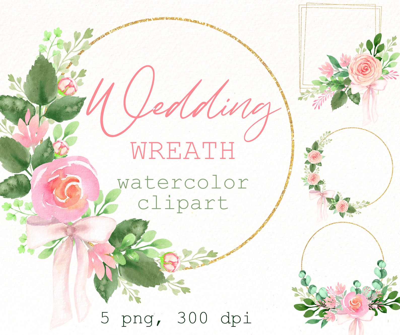 Watercolor Flowers Wreath Clipart, Pink Rose, Green Leaves, Gold ...