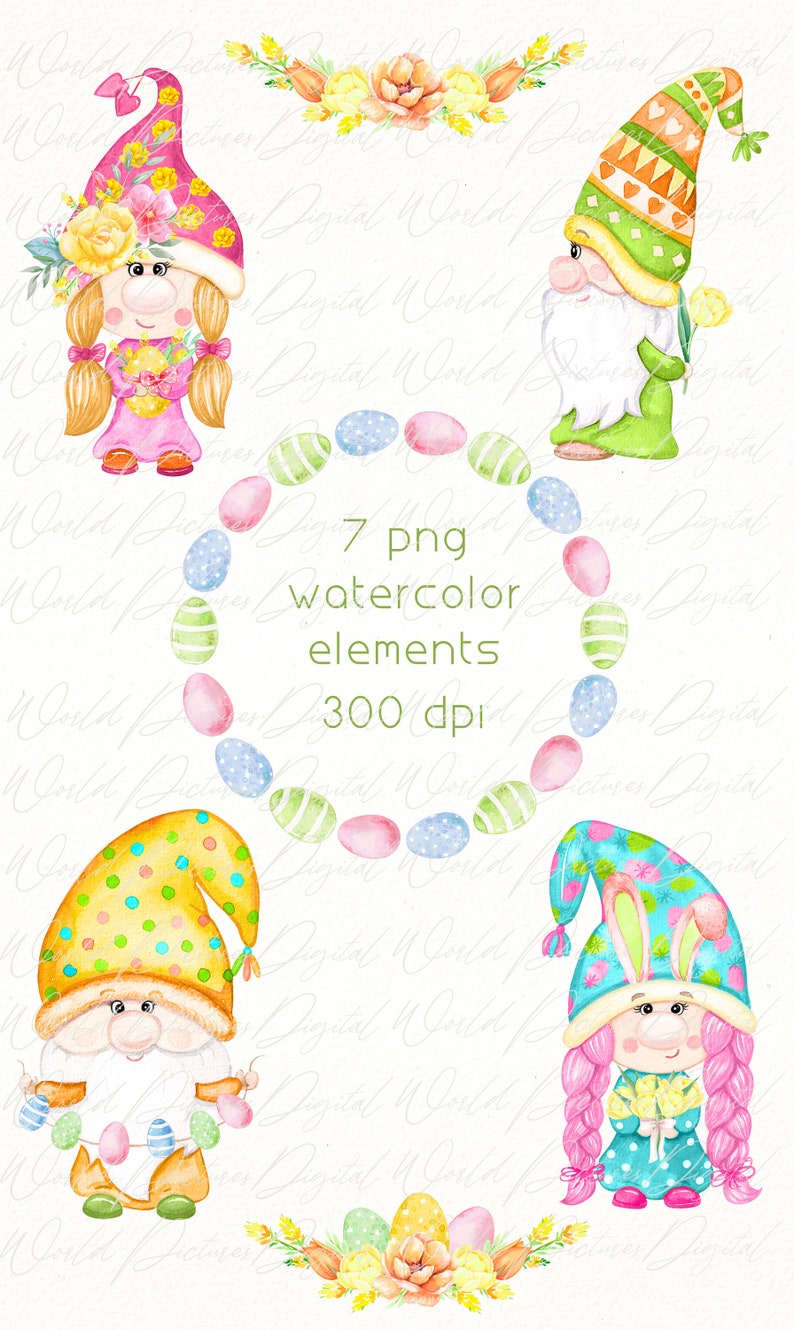 Watercolor Easter Gnomes Clipart: Floral Bouquet PNG Files (digital ...
