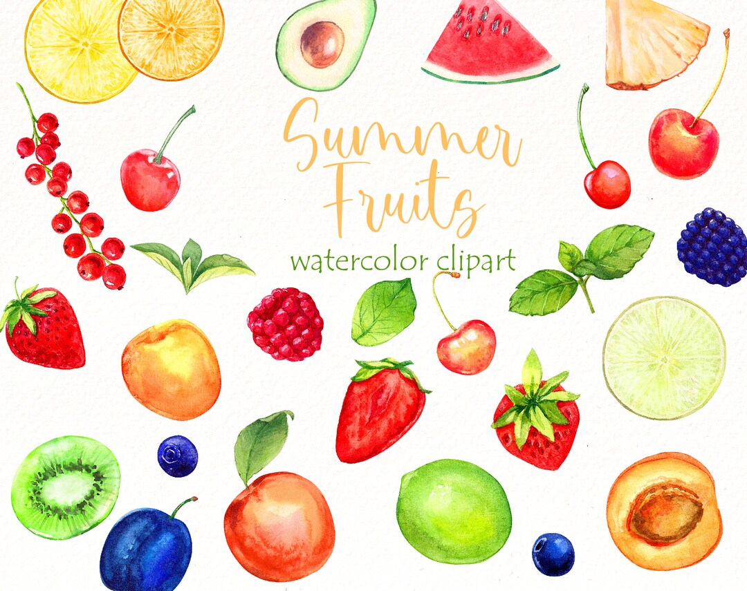 Watercolor Fruits Clipart, Summer Watermelon, Lemon, Strawberry, Cherry ...