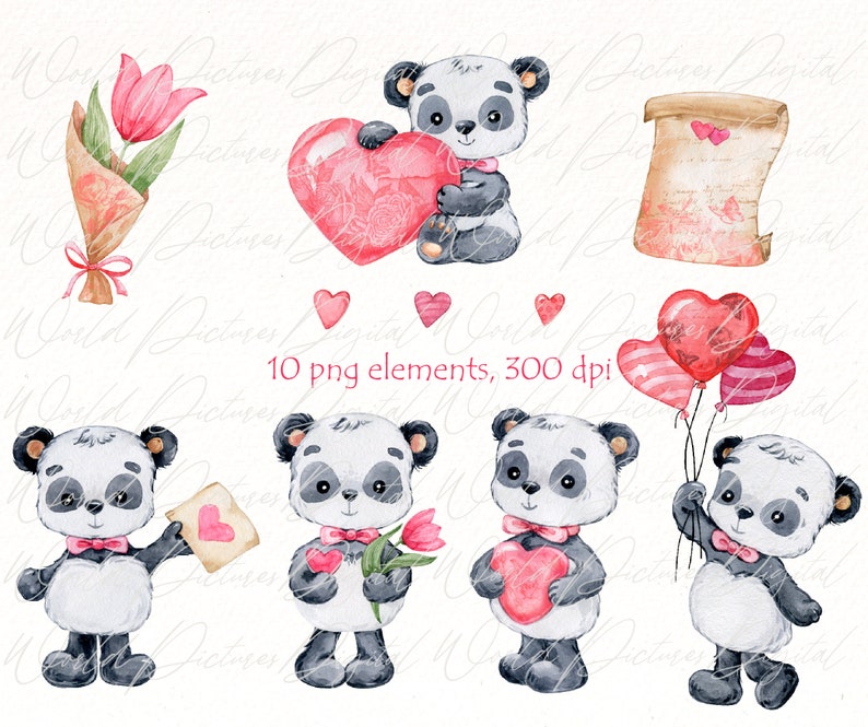 Panda Watercolor Clipart Valentine's Day Clip Art Cute - Etsy