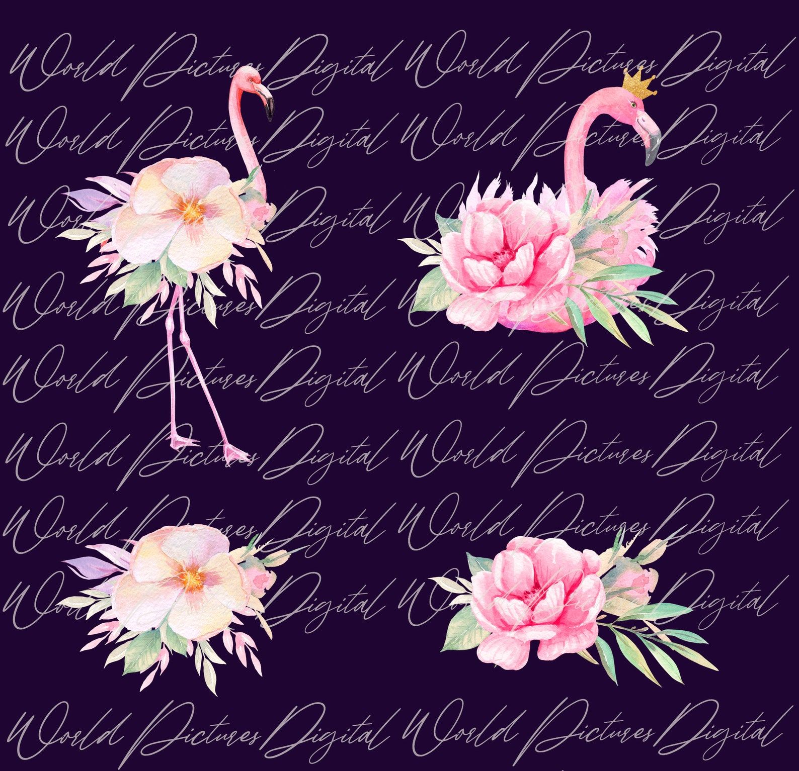 Watercolor Floral Flamingo Clipart. Tropical Set With Pink Bird and ...