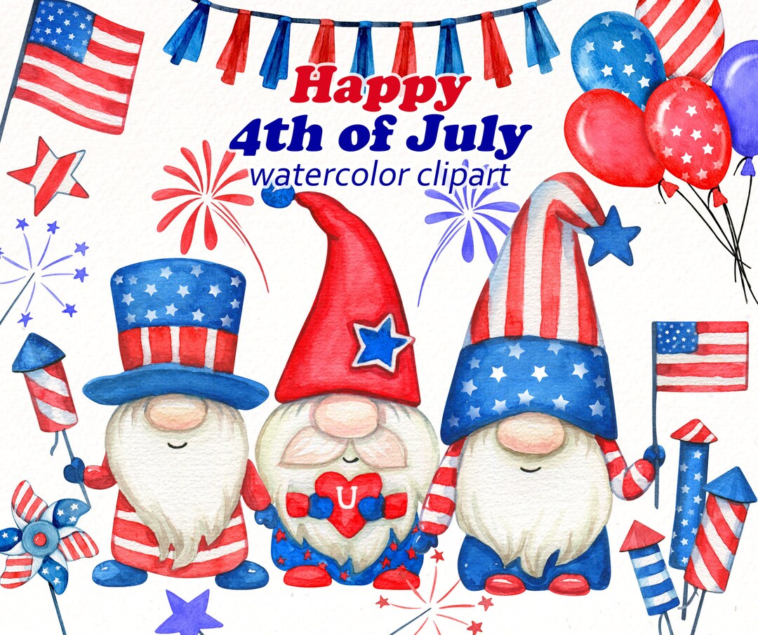 Patriotic Gnomes Watercolor Clipart: 4th of July PNG Images (digital ...