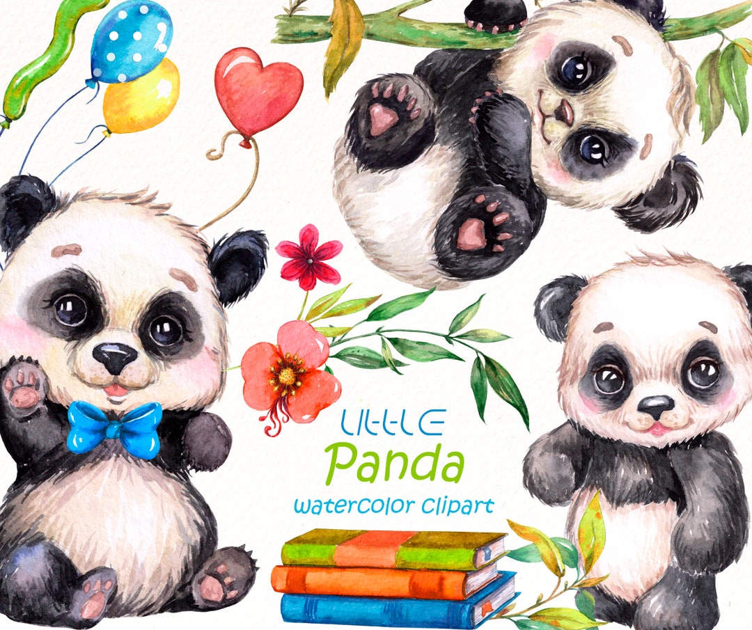 Little Panda Watercolor Clipart. Cute Baby Animal Clip Art, Tropical ...