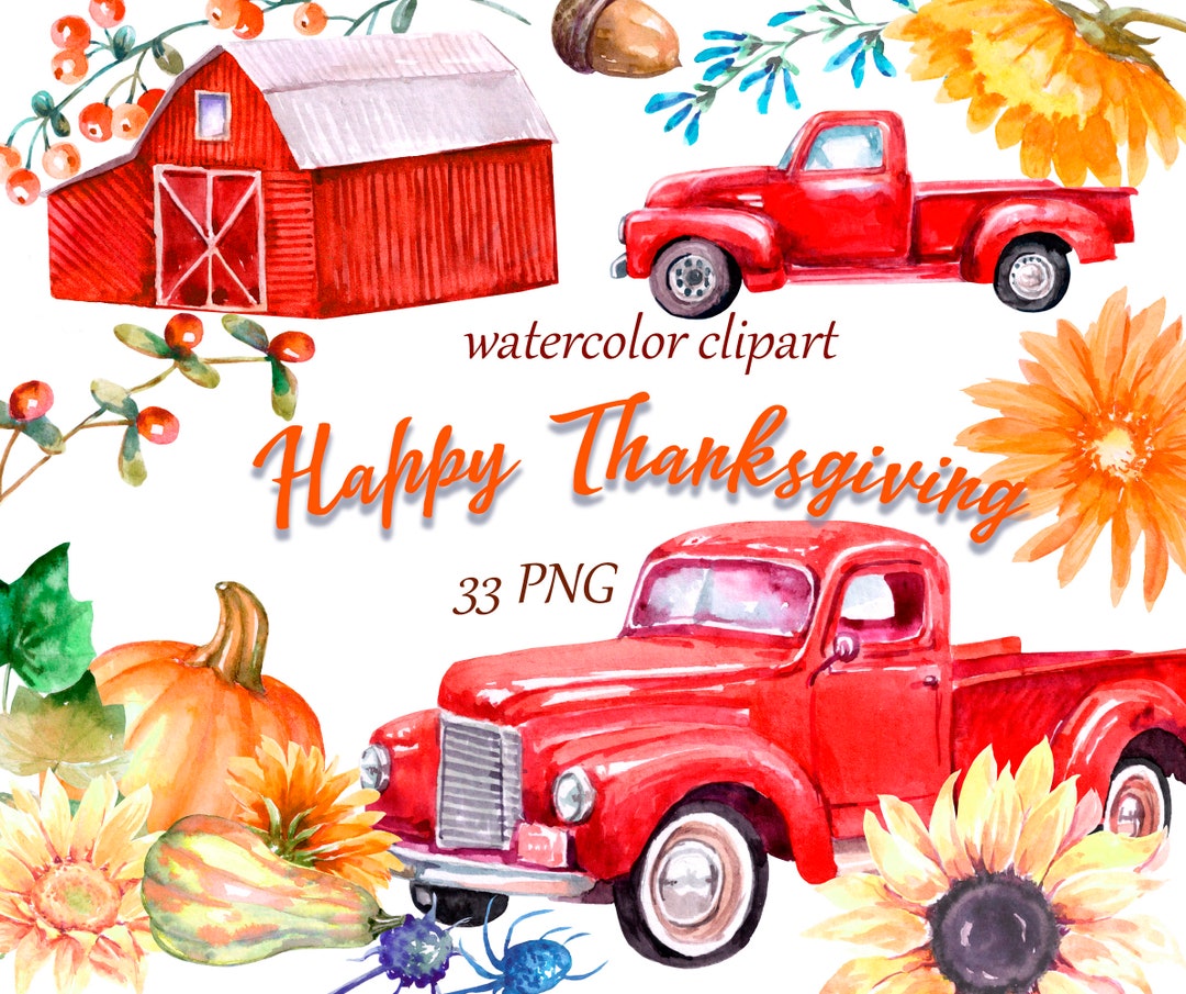 Watercolor Fall Clipart, Harvest Truck Clip Art, Farm Clipart, Pumpkin ...