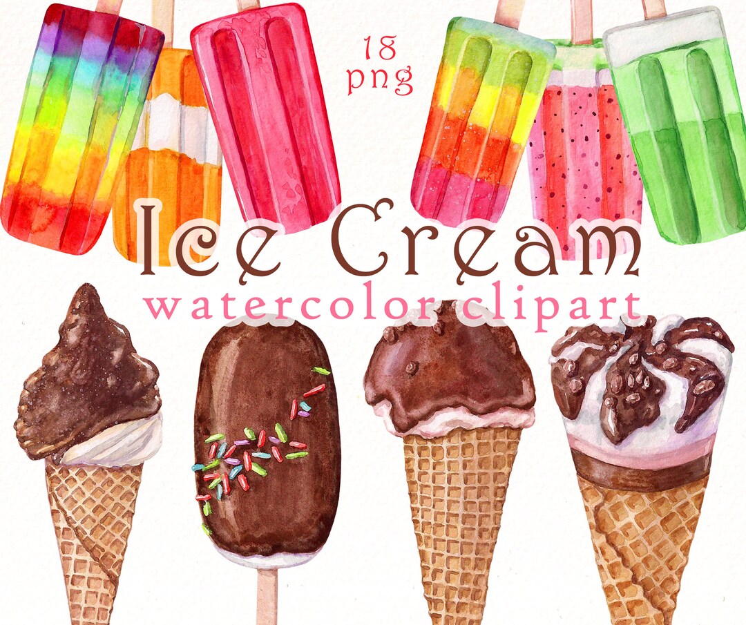 Ice Cream Watercolor Clipart , Summer Digital Graphics , Popsicle ...