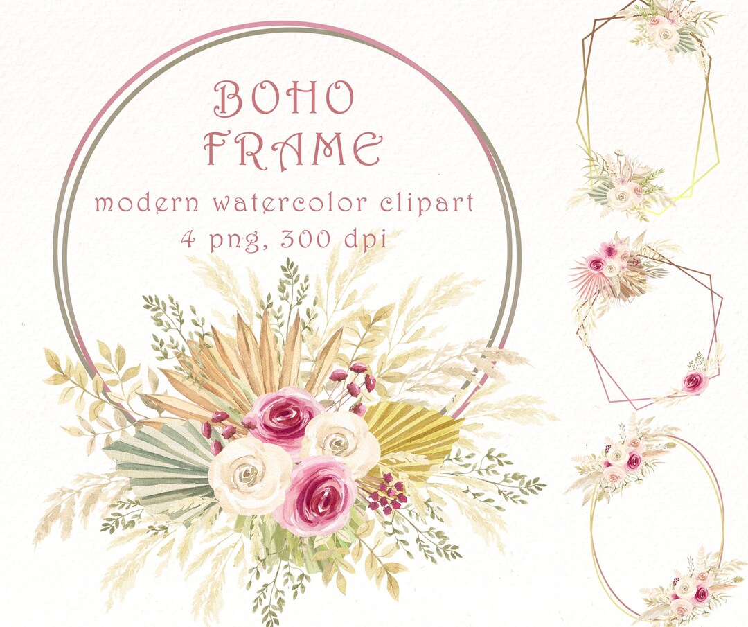 Boho Floral Frame Clipart: Watercolor Pampas Grass Wreath (PNG) - Etsy