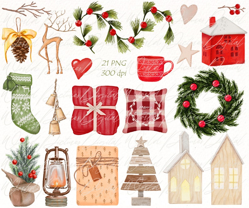 Watercolor Christmas Clipart, Cozy Winter Holiday Clip Art, Christmas ...