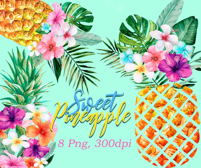 Pineapple Watercolor Clipart, Tropical Floral Png Elements, Summer ...