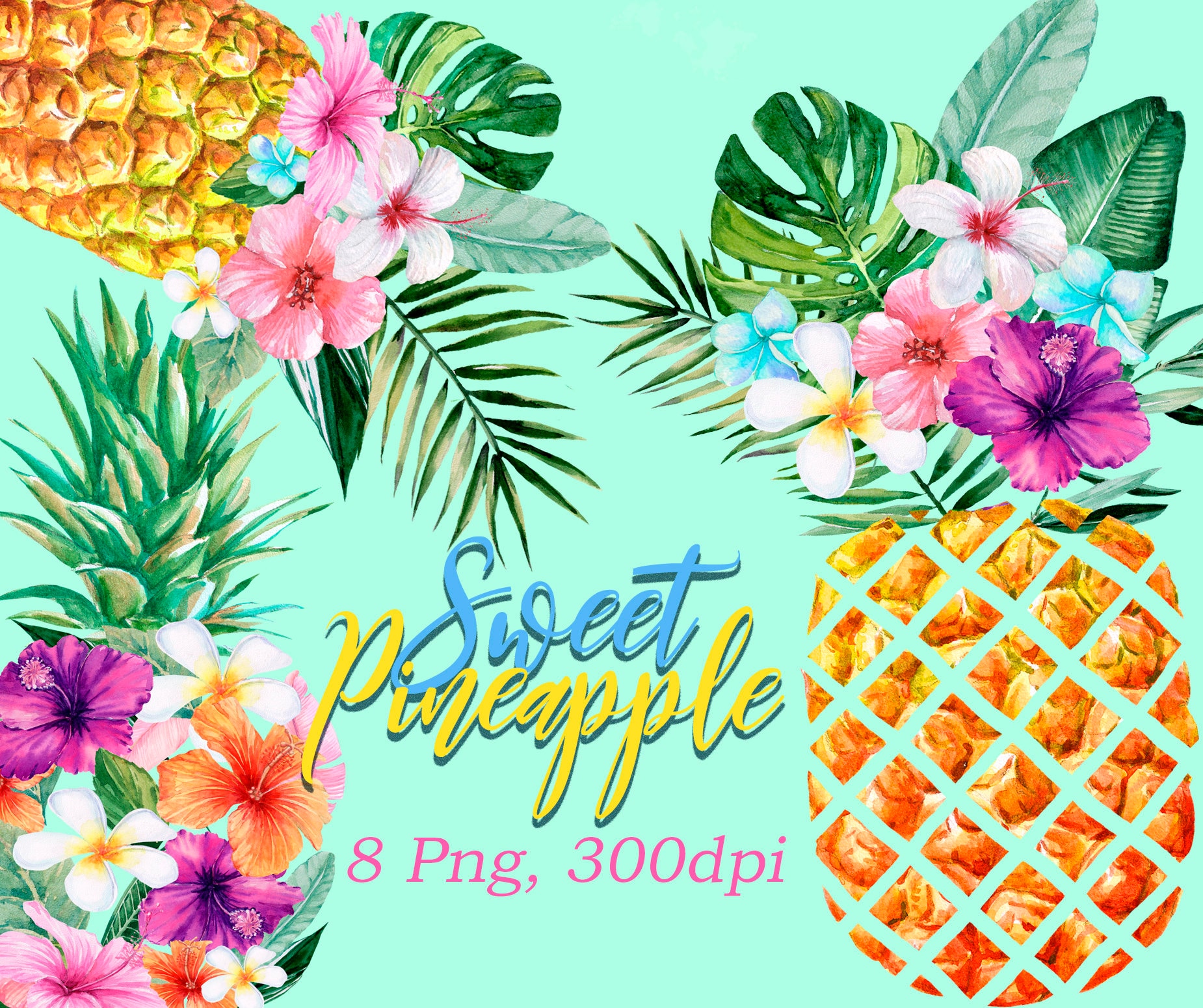 Pineapple Watercolor Clipart, Tropical Floral Png Elements, Summer ...