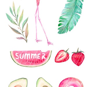 Watercolor Tropical Clipart , Summer Hand Painted Clip Art , Flamingo ...