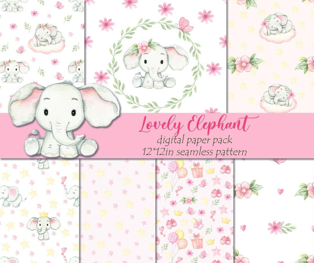Elephant Digital Paper Pack, Cute Animals Background, Baby Shower ...