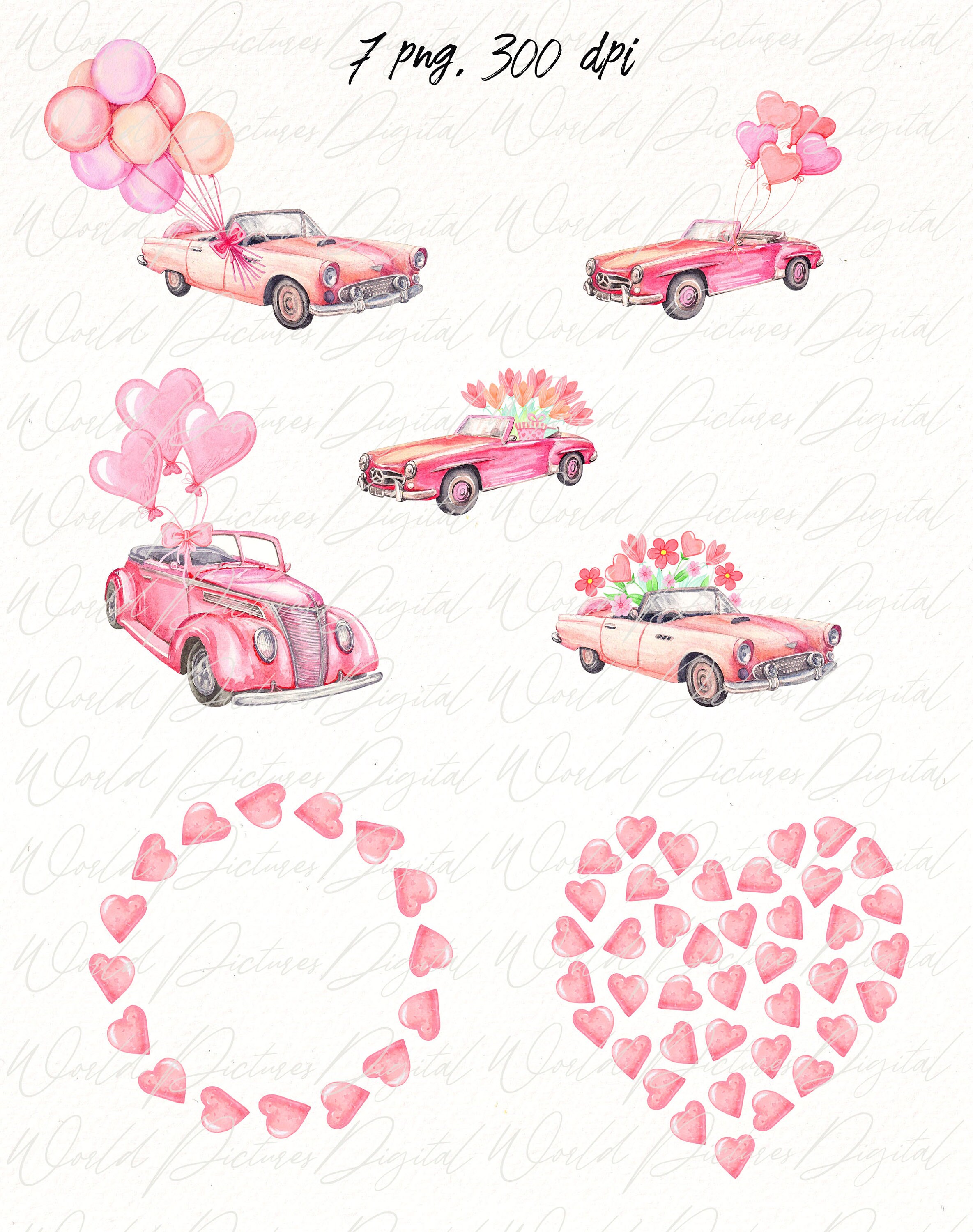 Valentine's Day Watercolor Clipart: Vintage Cars, Hearts, Balloons ...