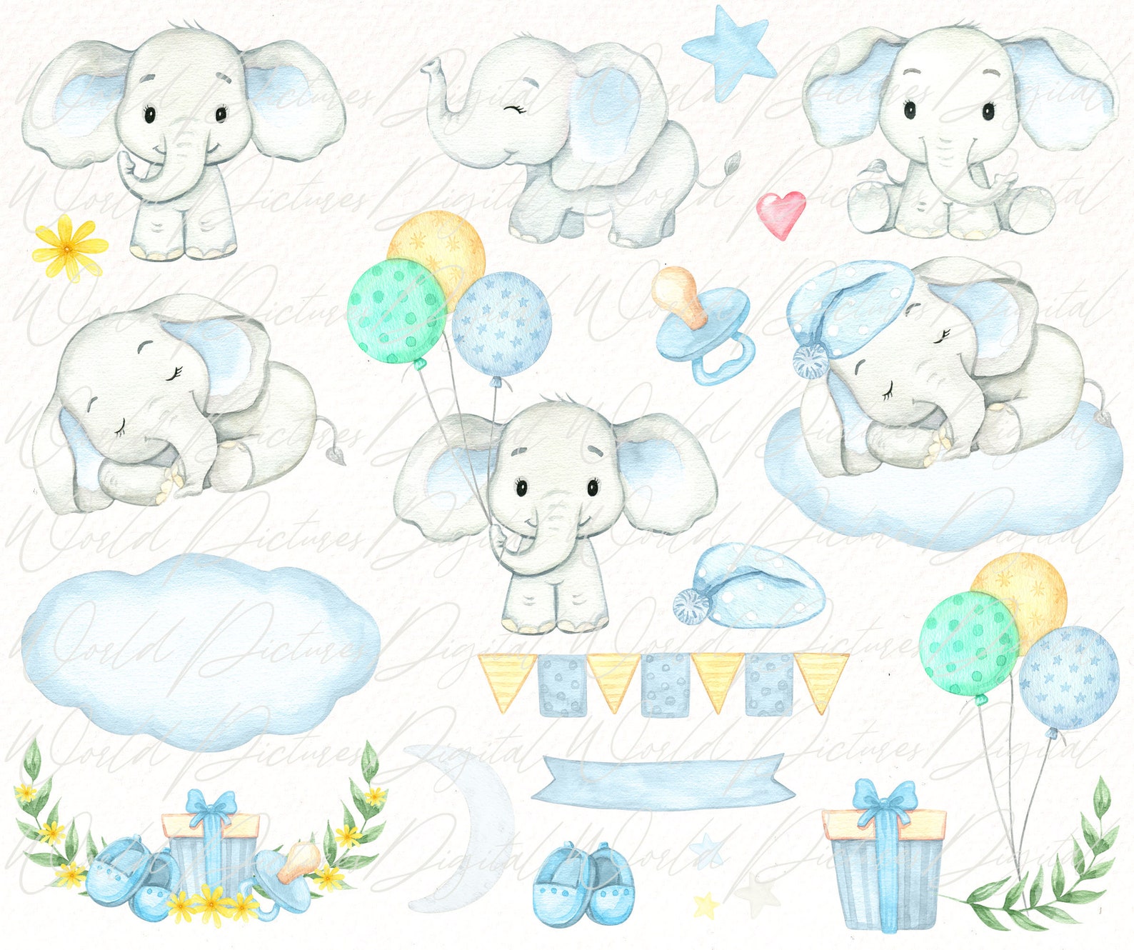 Baby Elephant Watercolor Clipart, Cute Animal Clipart, Safari Animal ...