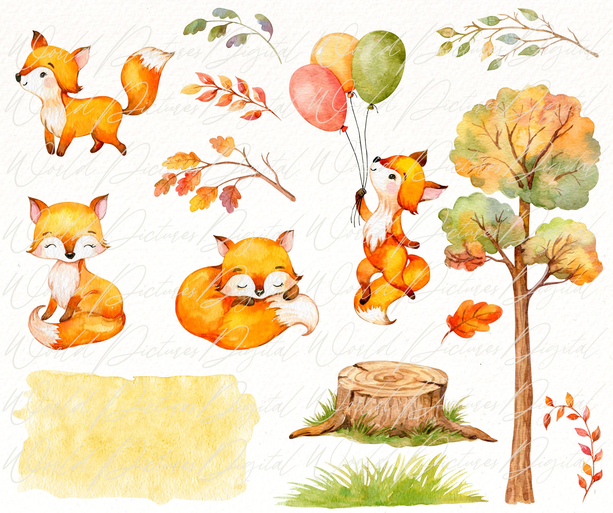 Cute Fox Clipart, Watercolor Woodland Animal Clip Art, Fall Landscape ...