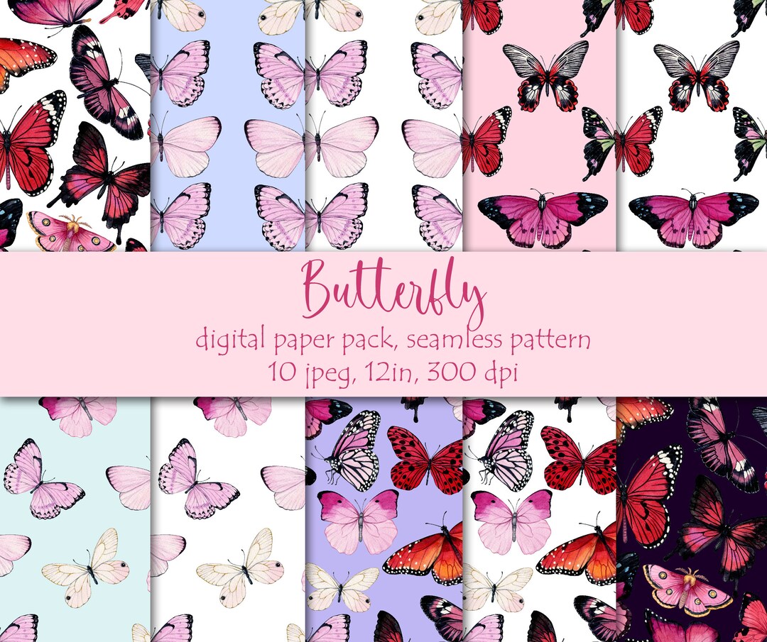 Pink Butterfly Digital Paper: Watercolor Spring Patterns (digital ...