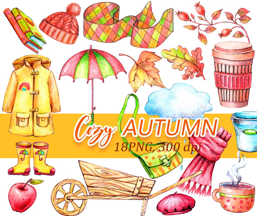 Watercolor Fall Clipart, Autumn Set Clothes, Umbrella, Coffee, Raincoat ...