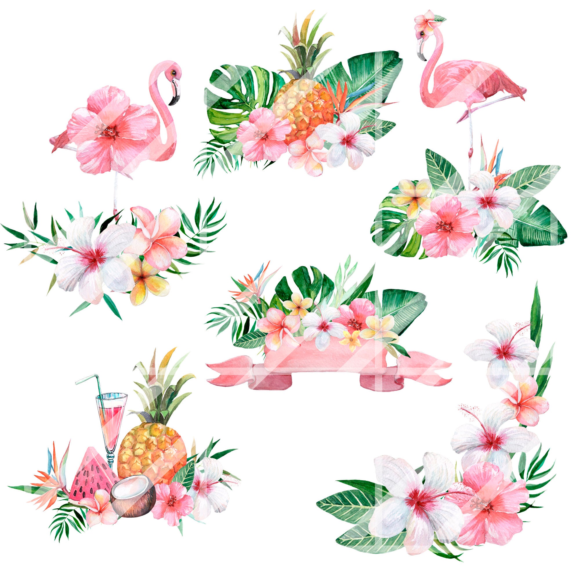Watercolor Tropical PNG Clipart, Floral Bouquets With Pink Flamingo ...