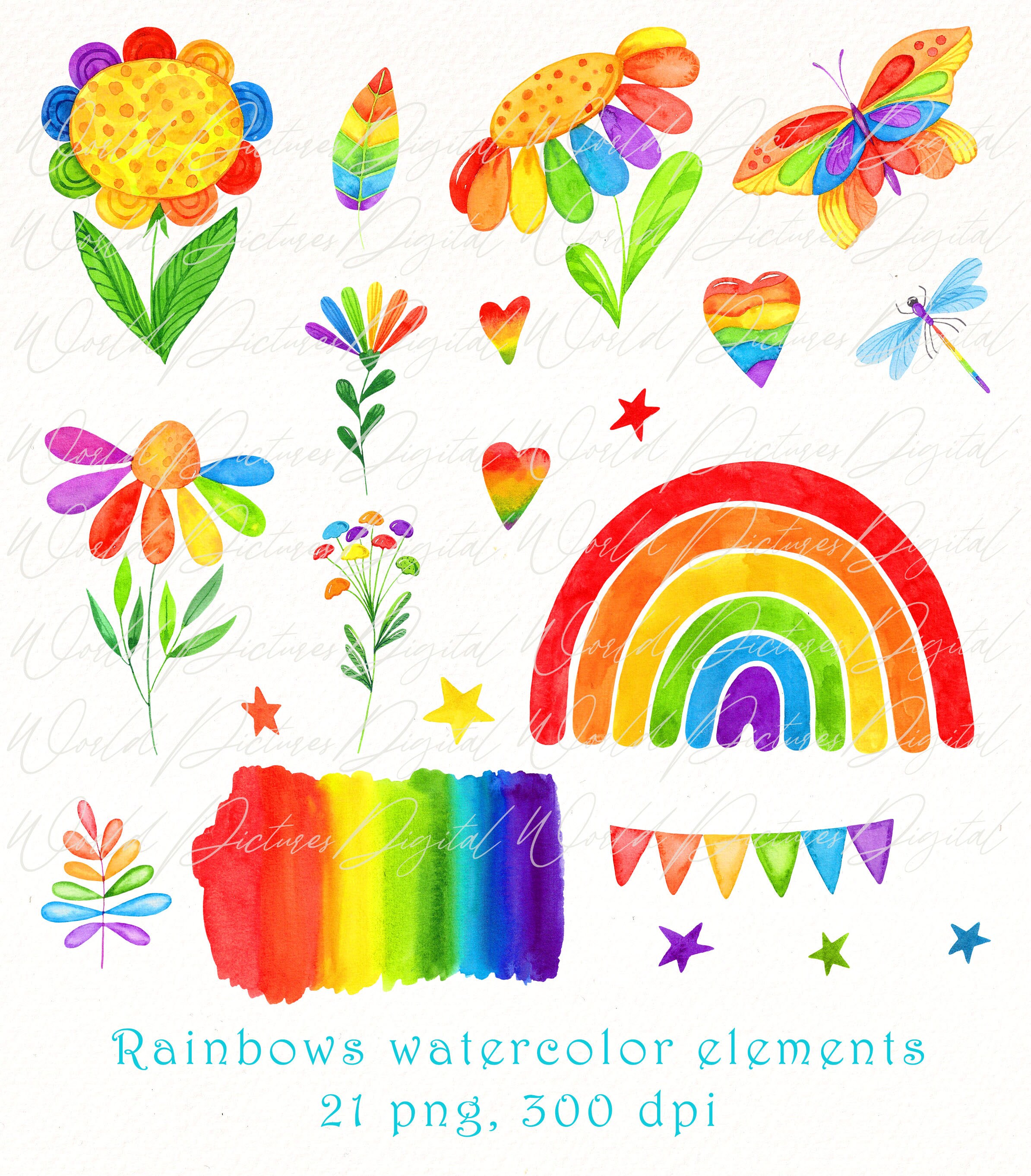 Rainbow Watercolor Flower Clipart , Colorful Flowers Clip Art , Bright ...