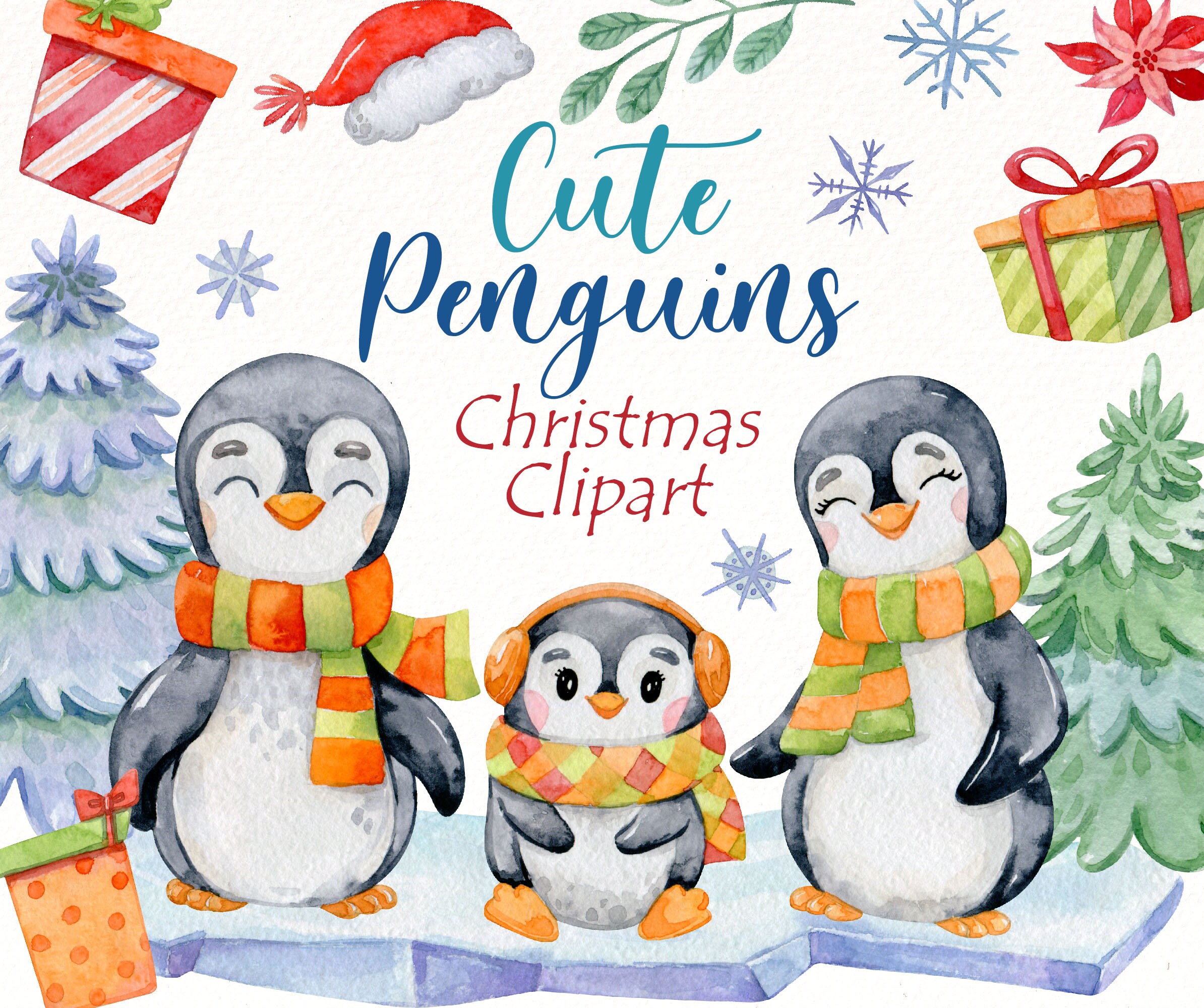 Christmas Penguin Clipart, Watercolor Cute Animal Clipart, Arctic ...