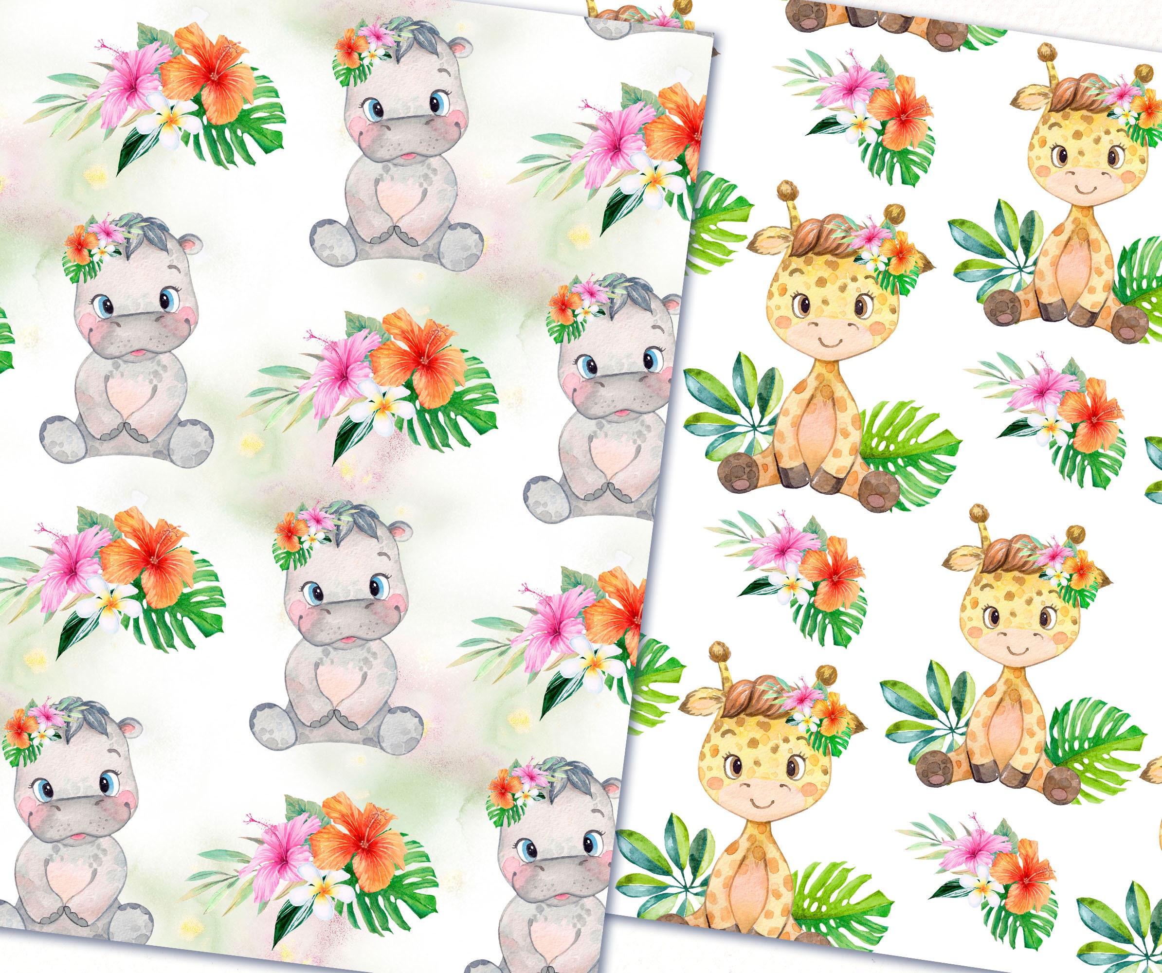 Safari Animals Digital Paper. Watercolor Baby Jungle Elephant, Zebra ...