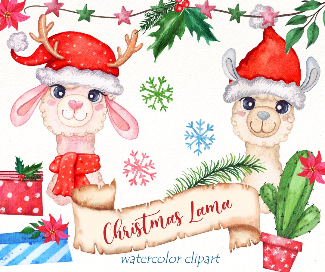 Christmas Llama Clipart, Watercolor Holiday Clip Art, Cute Animals Png ...