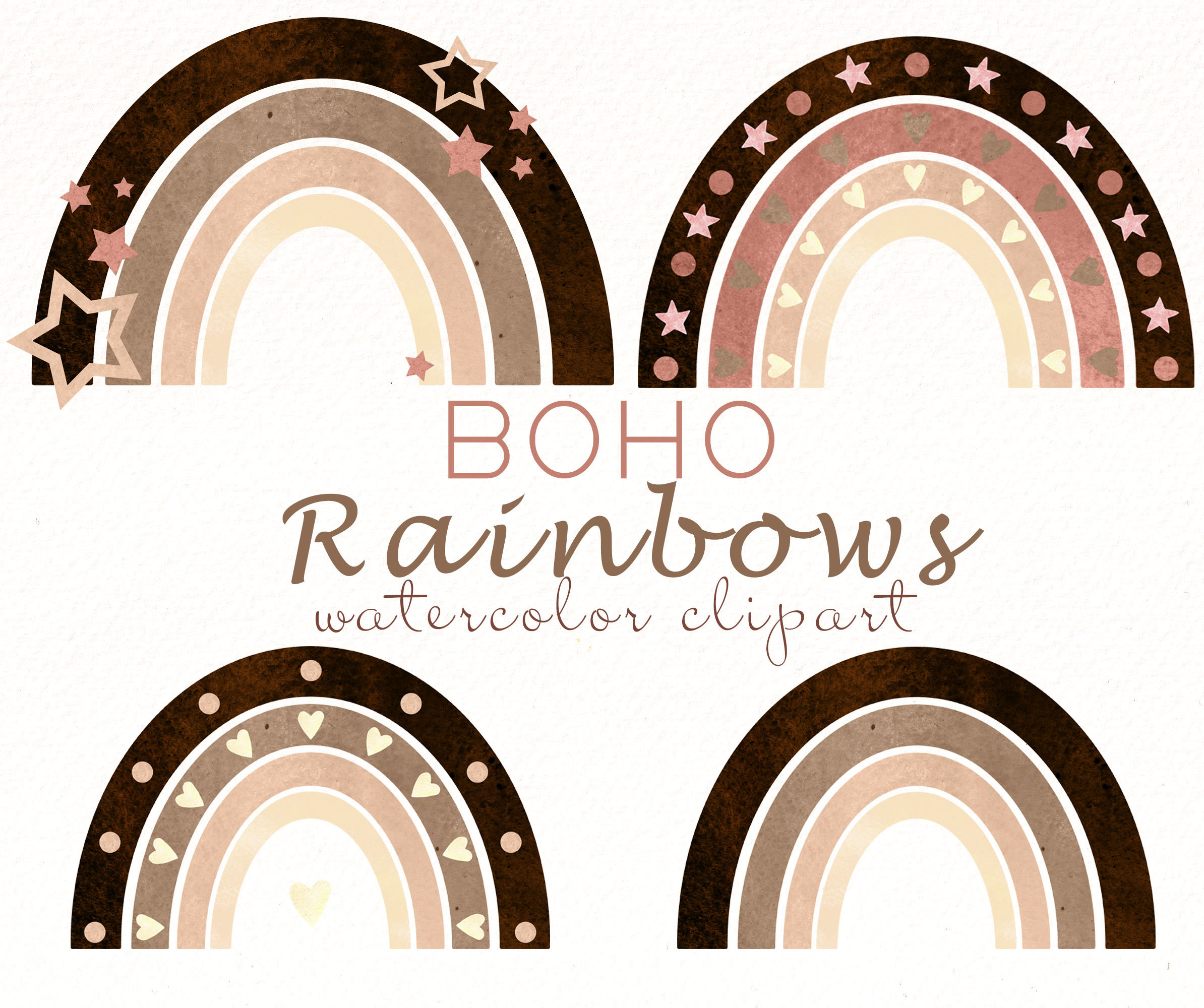 Watercolor Boho Rainbow Clipart , Brown Rainbows Png Sublimation Design ...