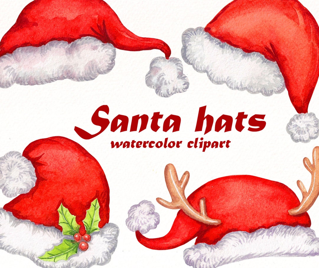 Santa Hat Christmas Clipart, Watercolor Hat Png Hand Painted, Holiday ...