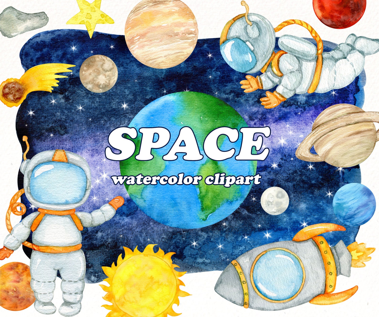 Space Watercolor Clipart , Outer Space Clip Art, Planets Png, Astronaut ...