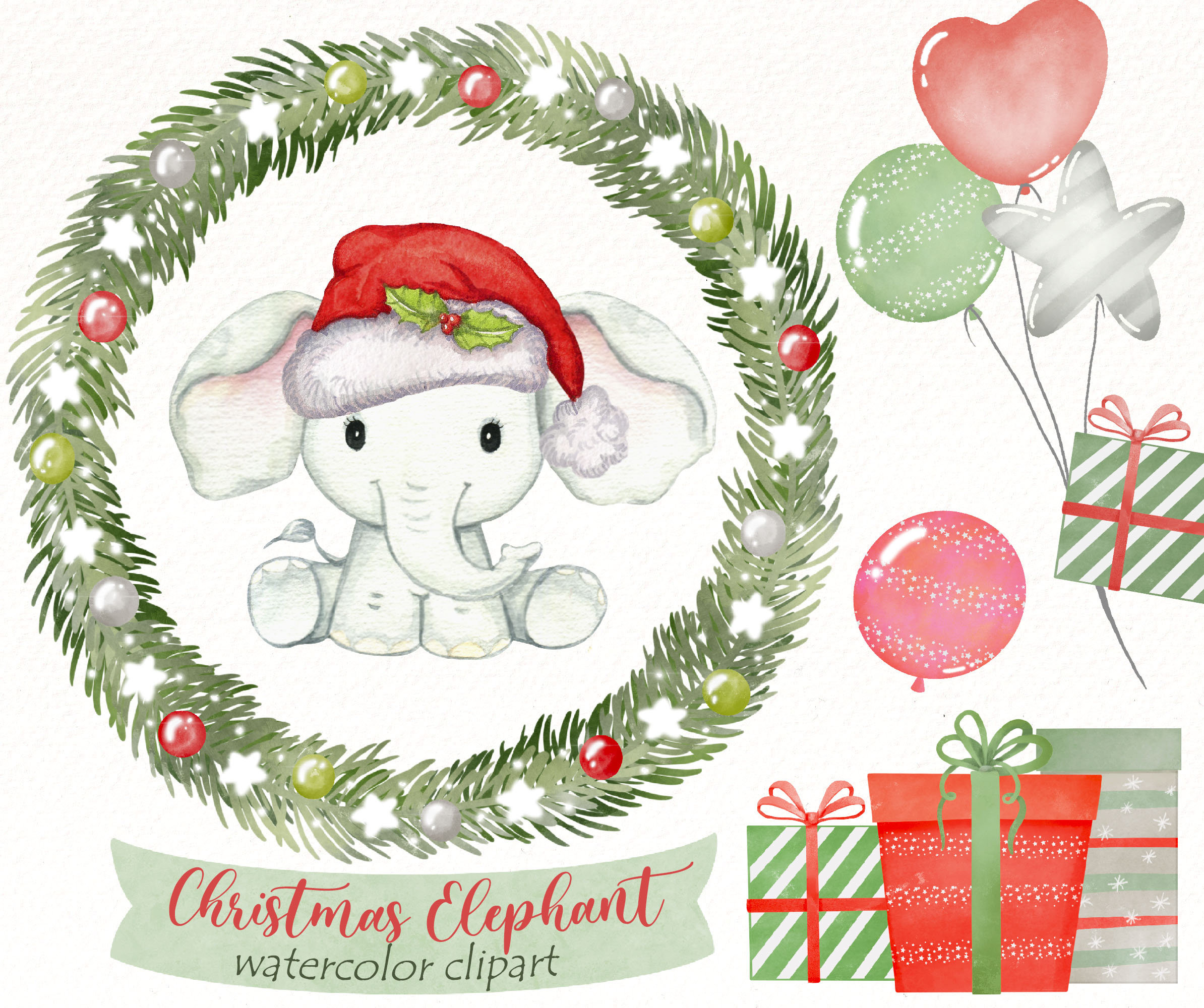 Christmas Elephant Clipart, Watercolor Cute Animals Png Clip Art, Funny ...