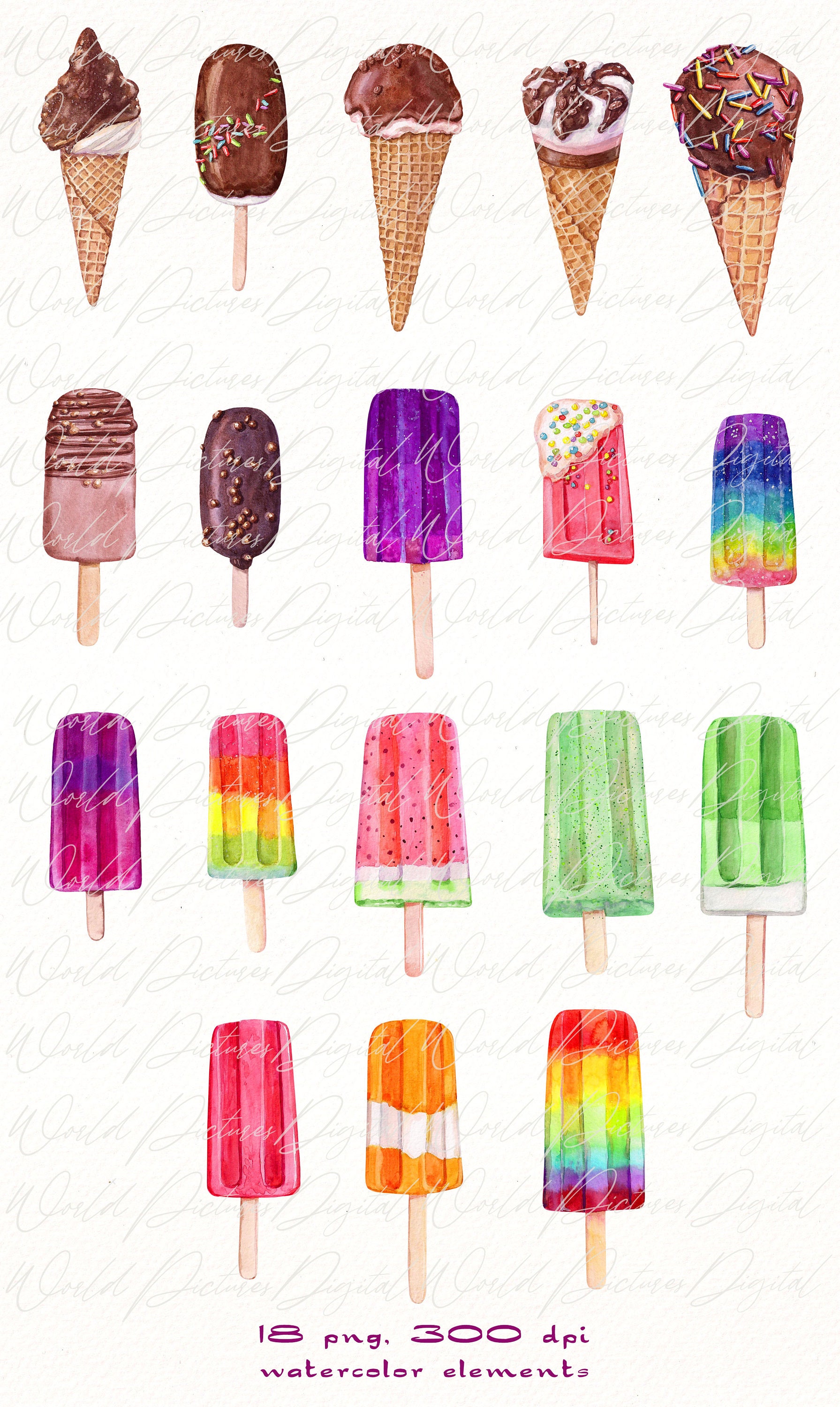 Ice Cream Watercolor Clipart , Summer Digital Graphics , Popsicle ...