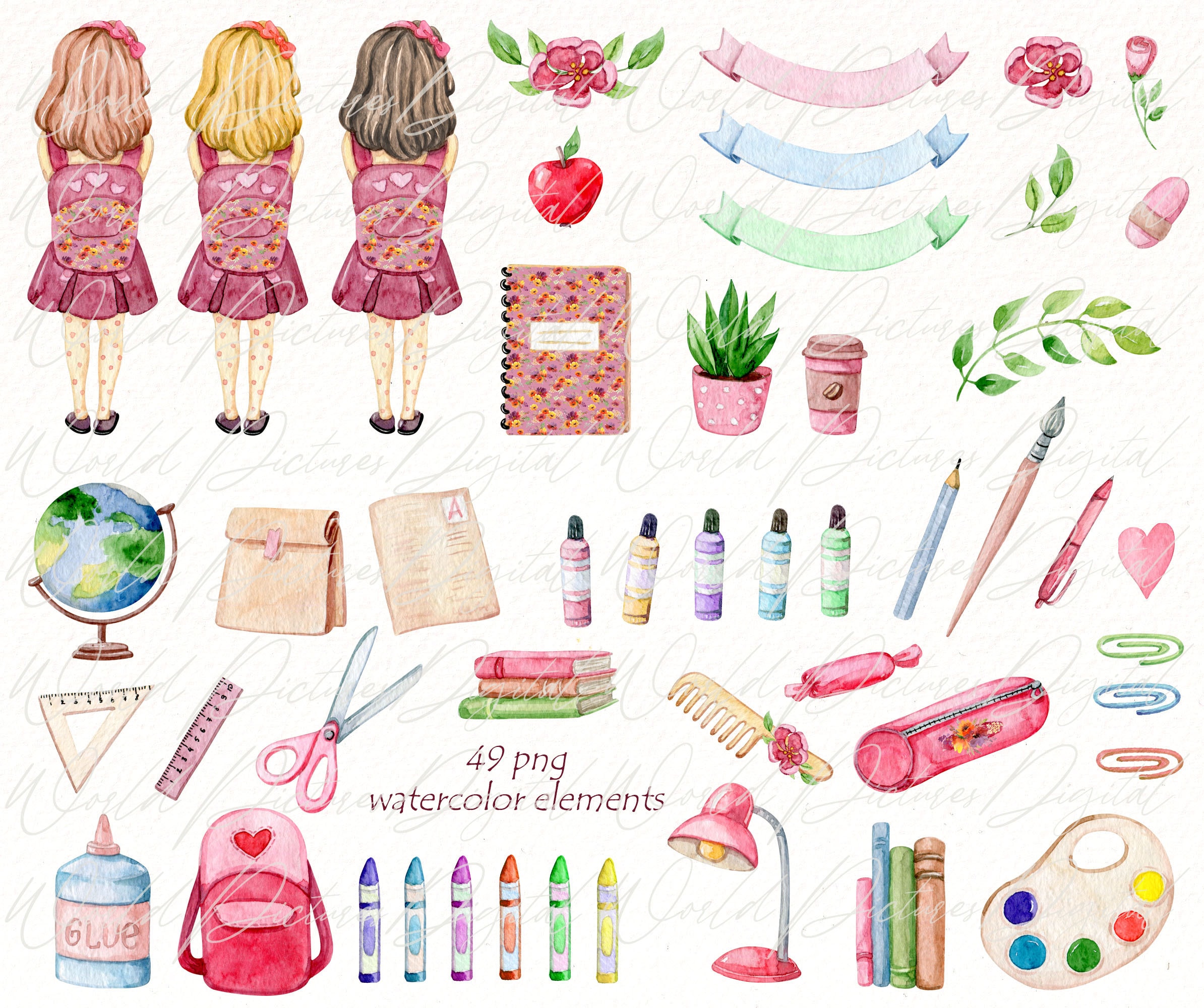 Watercolor School Clipart back to School PNG Girl Student - Etsy