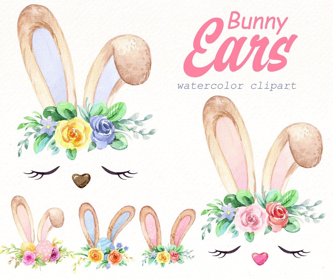 Watercolor Easter Bunny Ears Clipart: Floral Spring PNG (digital Files ...