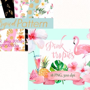 Watercolor Tropical Clipart. BUNDLE Tropic Frame, Bouquets, Patterns ...