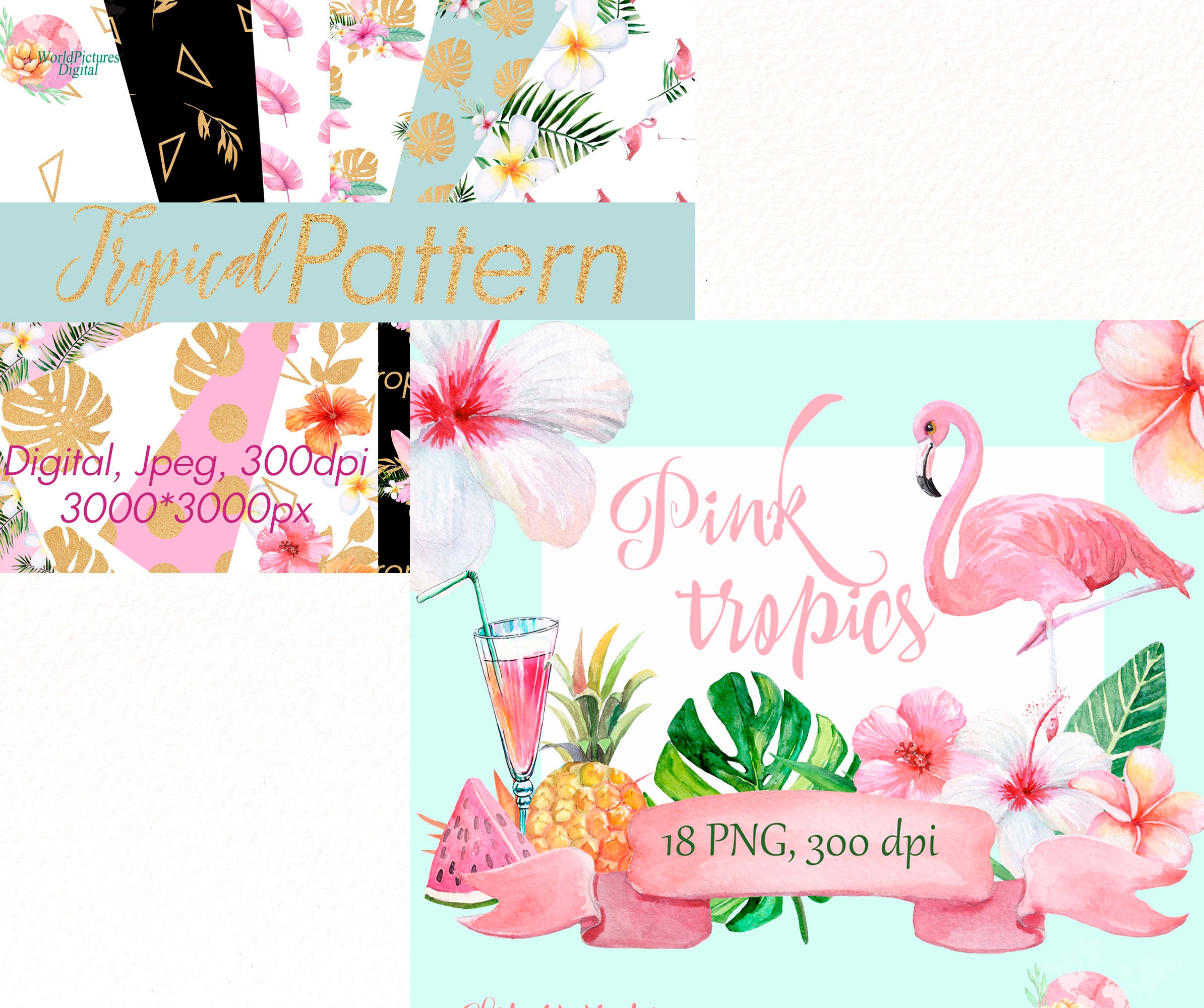 Watercolor Tropical Clipart Bundle: Flamingo, Pineapple, Flowers (PNG ...
