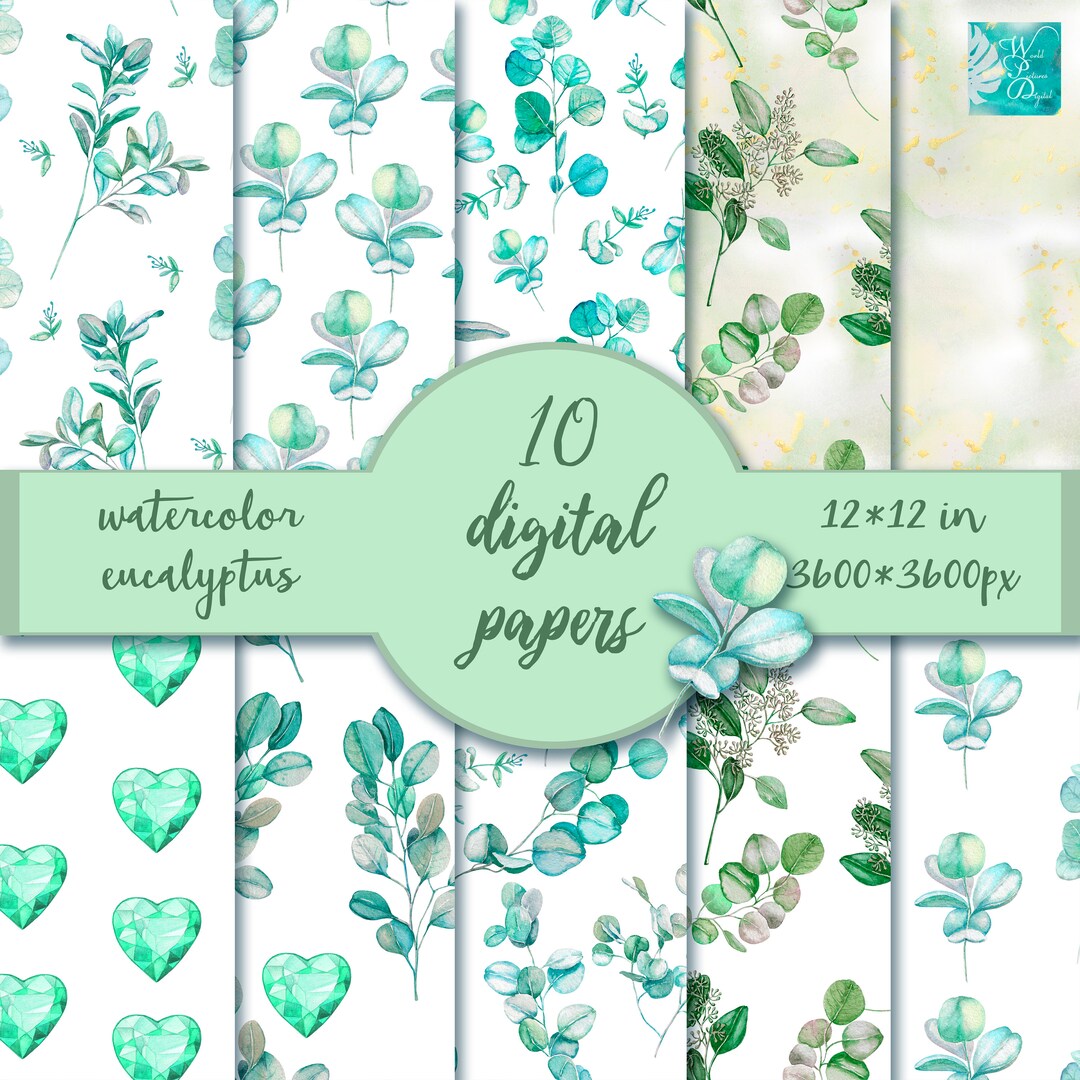 Eucalyptus Digital Paper Pack , Watercolor Floral Seamless Pattern ...