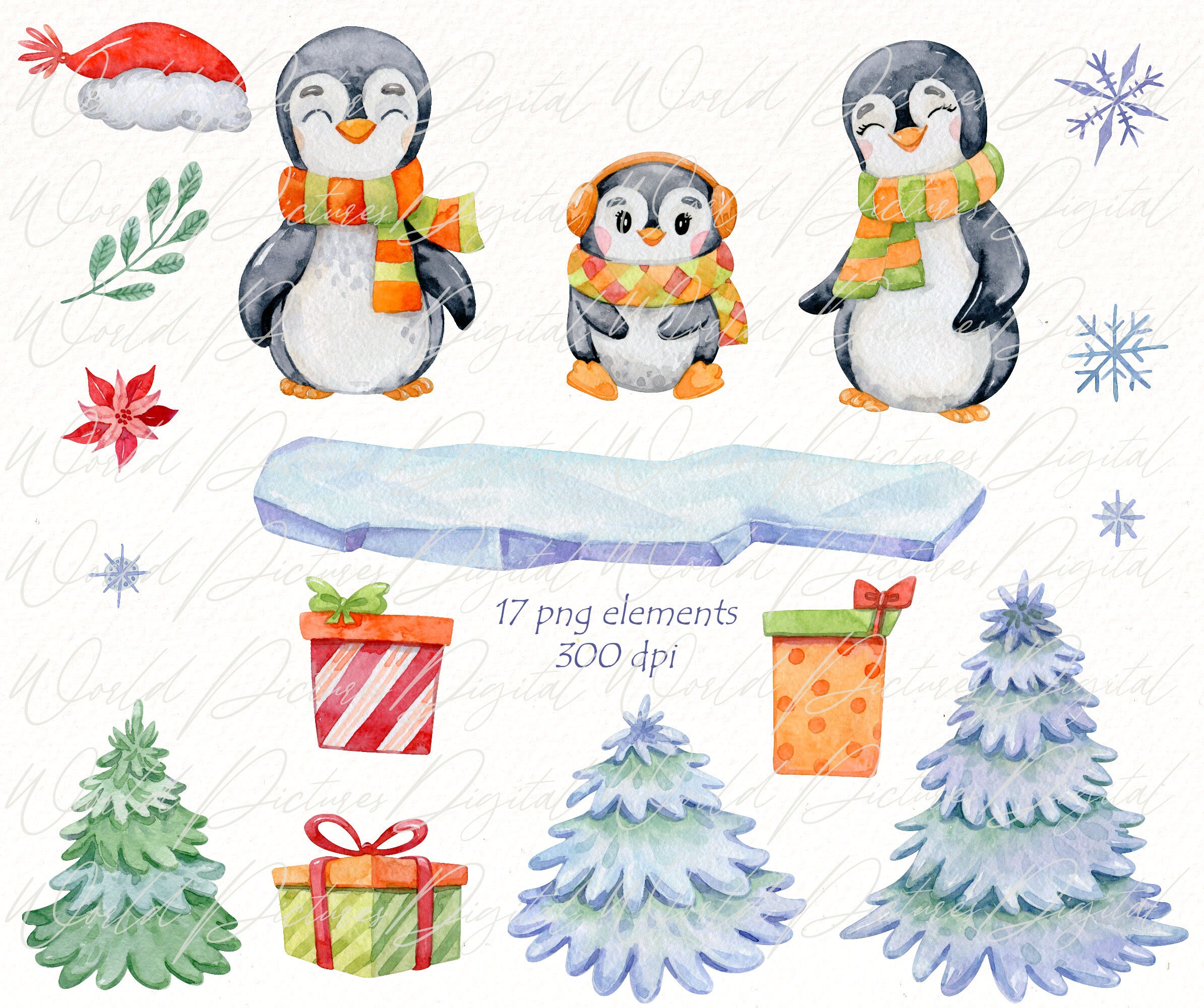 Christmas Penguin Clipart, Watercolor Cute Animal Clipart, Arctic ...