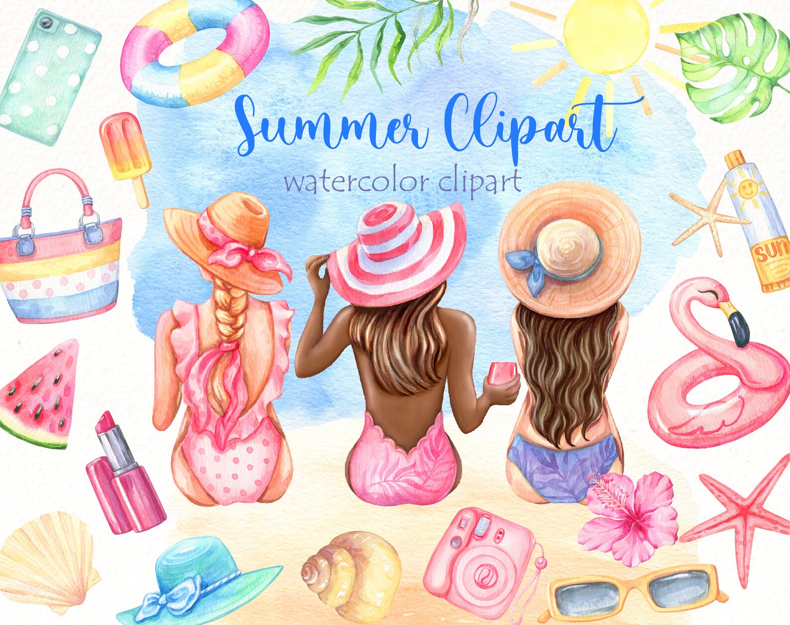 Beach Watercolor Clipart, Summer Clipart, Woman Clipart Png, Sun Png ...