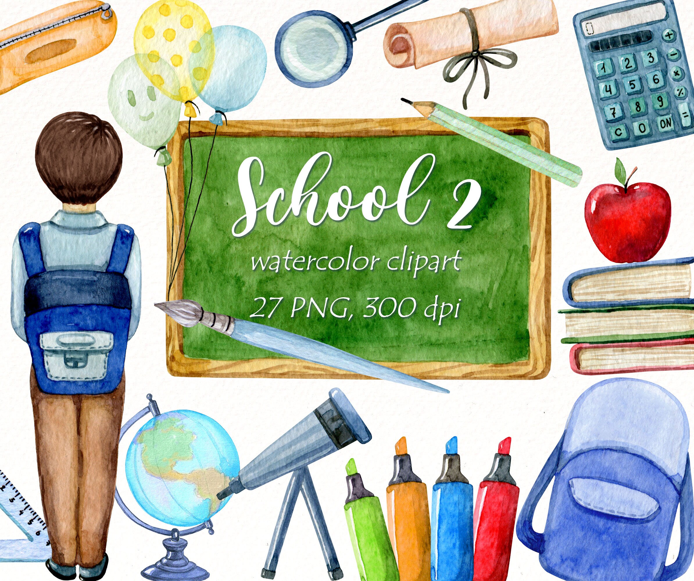 Watercolor School Clipart: Back to School PNG Set (digital Download) - Etsy