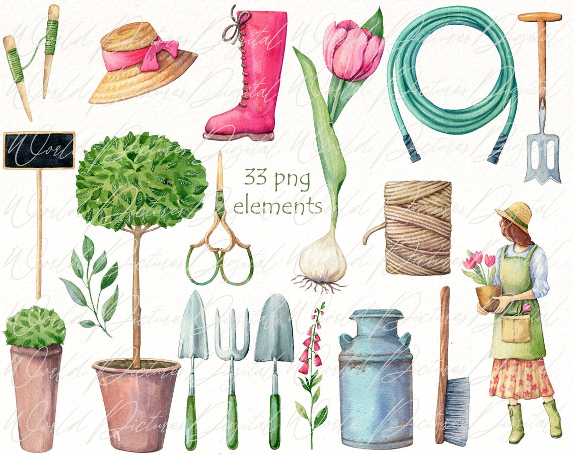 Spring Gardening Watercolor Clipart, Garden Tools Png Graphics, Summer ...