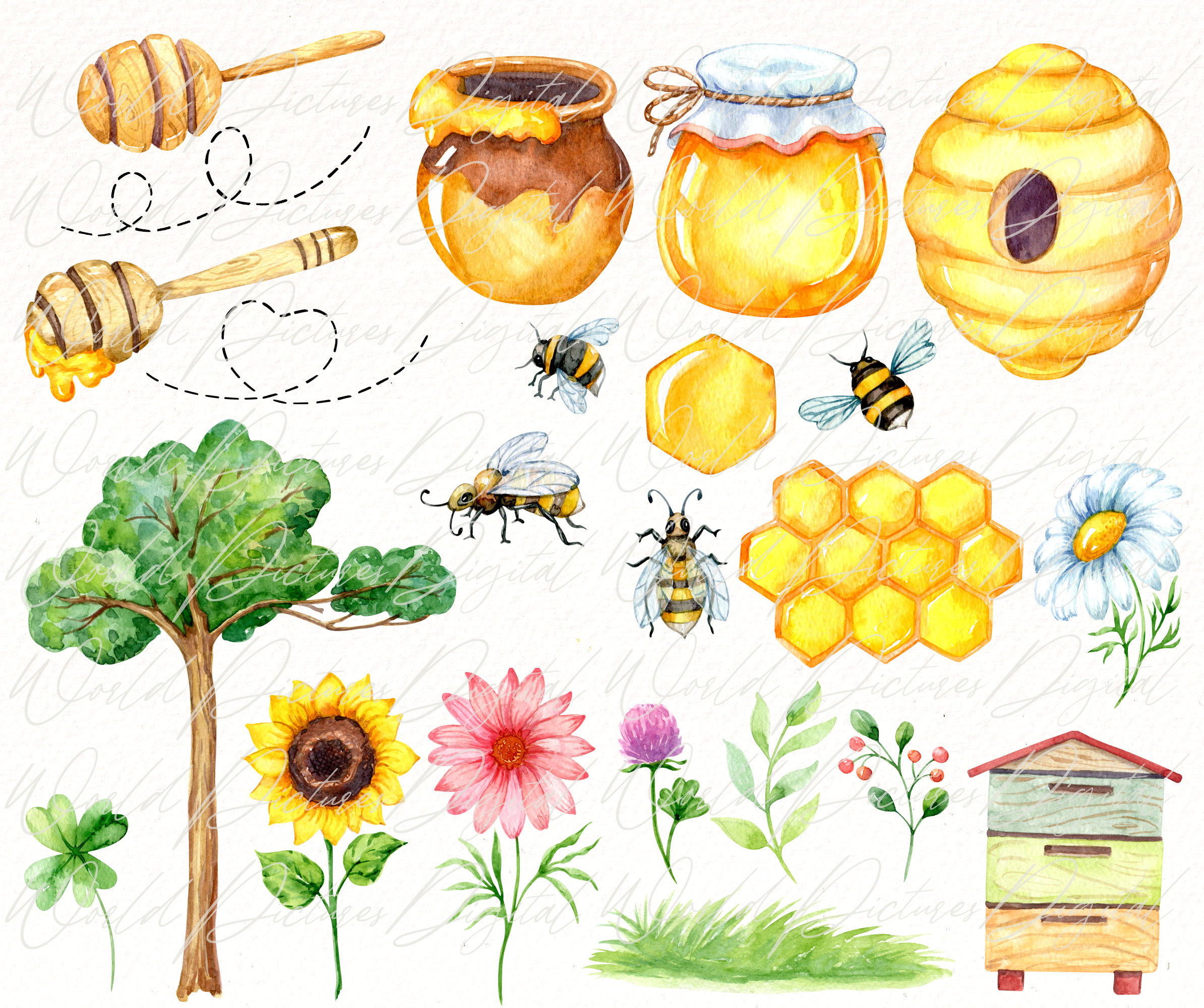 Bee Clipart, Honey Watercolor Clipart, Farm Handdrawn Clip Art, Hive ...