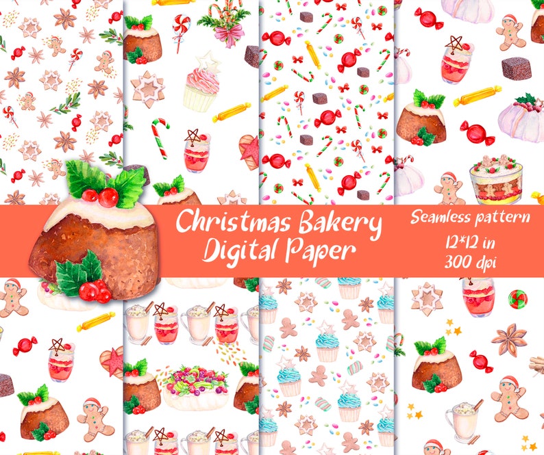 Christmas Bakery Digital Paper, Tasty Seamless Pattern, Bakery ...
