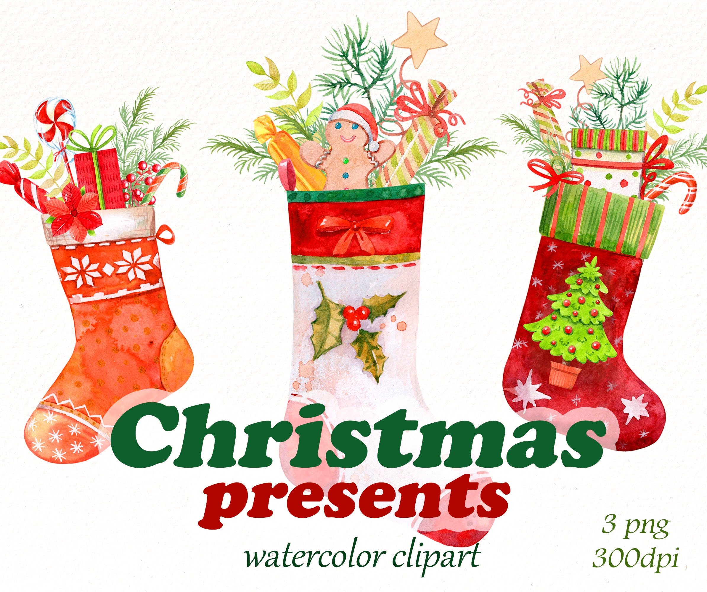 Watercolor Christmas Stockings Clipart: Holiday PNG Files (digital ...