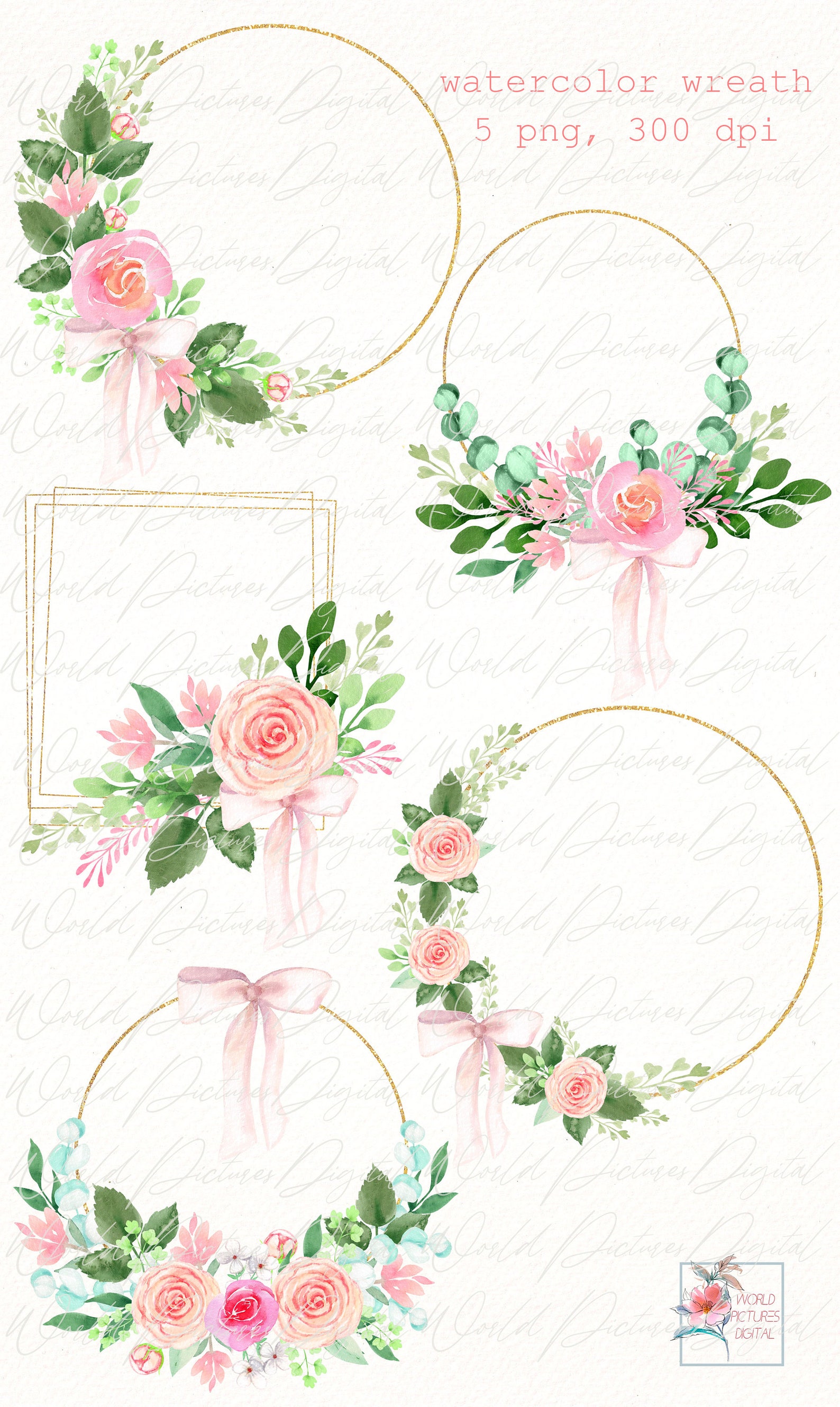 Watercolor Flowers Wreath Clipart, Pink Rose, Green Leaves, Gold ...