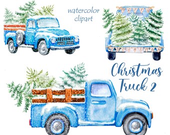 Christmas Truck With Tree Clipart, Watercolor Vintage Pickup Trucks ...